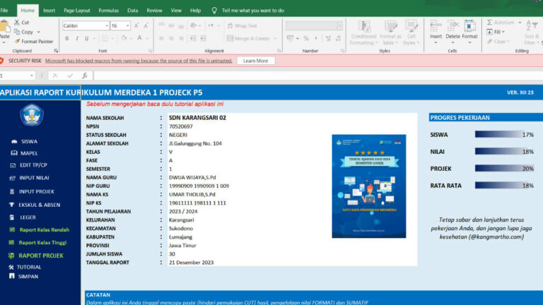 Aplikasi Raport Kurikulum Merdeka SD Lengkap Kelas 1-6 (Semester 1 dan 2)